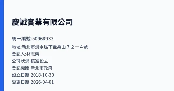 慶誠實業有限公司的照片-統編 50968933(新北市) 公司登記資料與營業項目詳細圖表