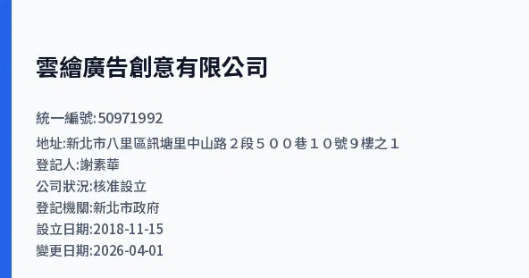 雲繪廣告創意有限公司的照片-統編 50971992(新北市) 公司登記資料與營業項目詳細圖表