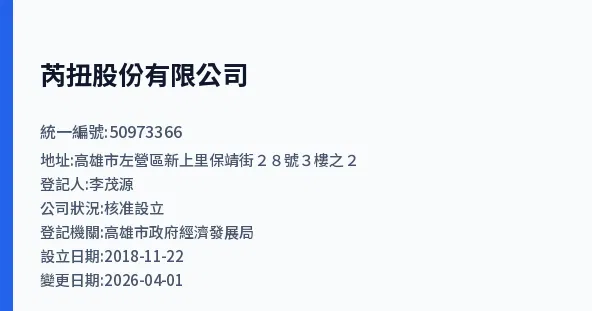 芮扭股份有限公司的照片-統編 50973366(高雄市) 公司登記資料與營業項目詳細圖表