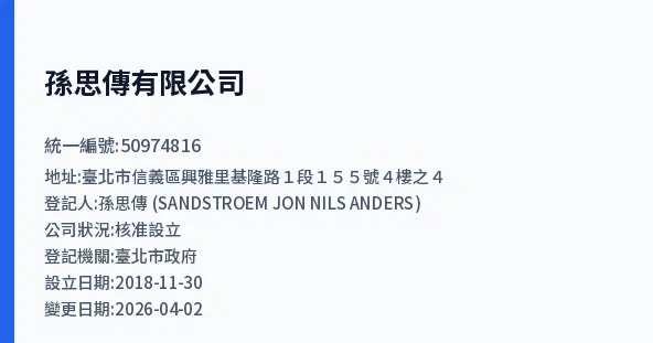 孫思傳有限公司的照片-統編 50974816(臺北市) 公司登記資料與營業項目詳細圖表