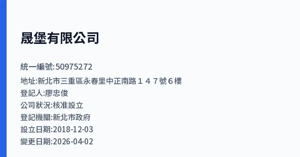 晟堡有限公司的照片-統編 50975272(新北市) 公司登記資料與營業項目詳細圖表