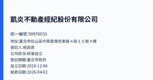 凱炎不動產經紀股份有限公司的照片-統編 50976053(臺北市) 公司登記資料與營業項目詳細圖表