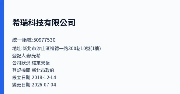 希瑞科技有限公司的照片-統編 50977530(新北市) 公司登記資料與營業項目詳細圖表