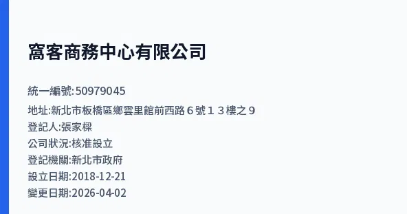 窩客商務中心有限公司的照片-統編 50979045(新北市) 公司登記資料與營業項目詳細圖表