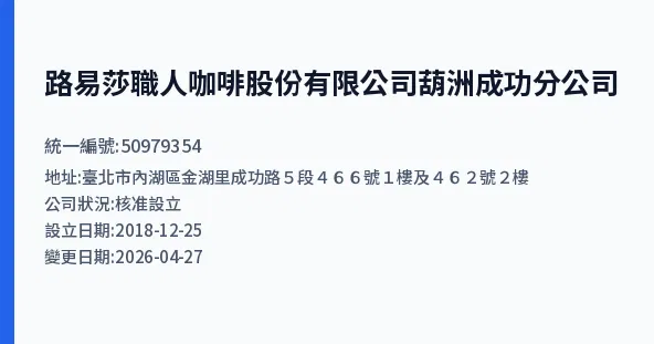 路易莎職人咖啡股份有限公司葫洲成功分公司的照片-統編 50979354(臺北市) 公司登記資料與營業項目詳細圖表