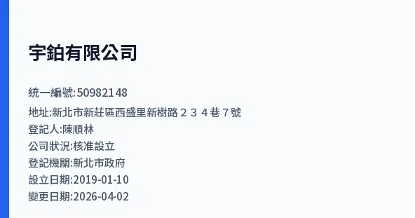 宇鉑有限公司的照片-統編 50982148(新北市) 公司登記資料與營業項目詳細圖表
