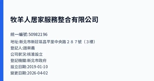 牧羊人居家服務整合有限公司的照片-統編 50982196(新北市) 公司登記資料與營業項目詳細圖表