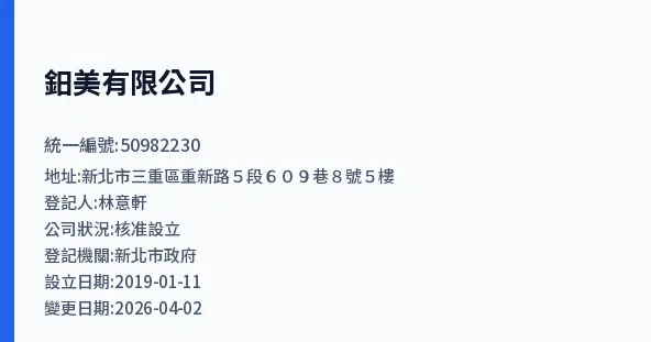 鈤美有限公司的照片-統編 50982230(新北市) 公司登記資料與營業項目詳細圖表