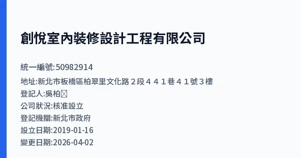 創悅室內裝修設計工程有限公司的照片-統編 50982914(新北市) 公司登記資料與營業項目詳細圖表