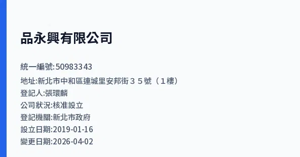 品永興有限公司的照片-統編 50983343(新北市) 公司登記資料與營業項目詳細圖表