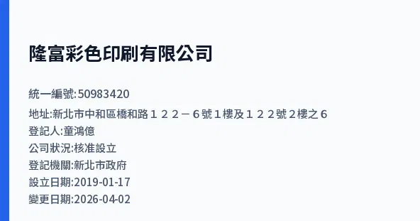 隆富彩色印刷有限公司的照片-統編 50983420(新北市) 公司登記資料與營業項目詳細圖表