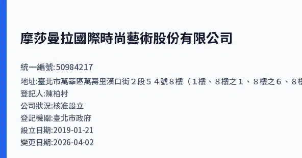 摩莎曼拉國際時尚藝術股份有限公司的照片-統編 50984217(臺北市) 公司登記資料與營業項目詳細圖表