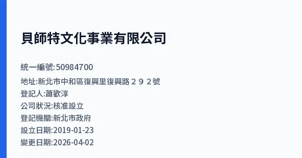貝師特文化事業有限公司的照片-統編 50984700(新北市) 公司登記資料與營業項目詳細圖表