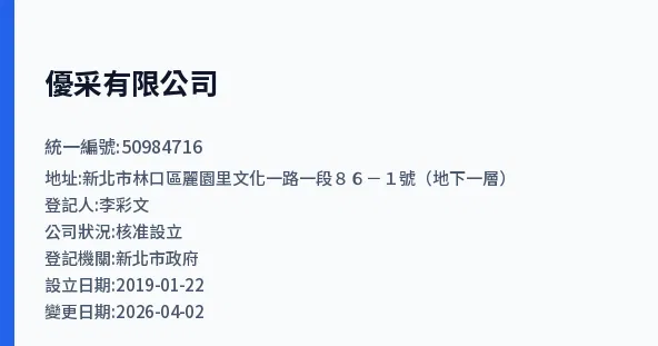 優采有限公司的照片-統編 50984716(新北市) 公司登記資料與營業項目詳細圖表