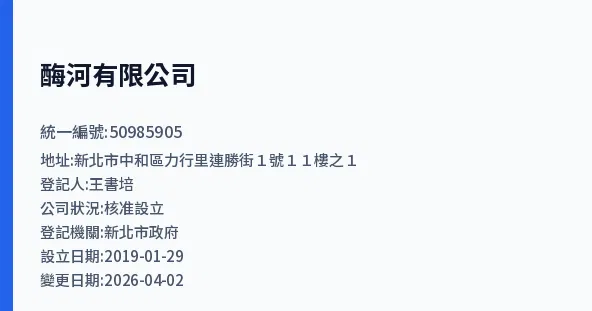 酶河有限公司的照片-統編 50985905(新北市) 公司登記資料與營業項目詳細圖表