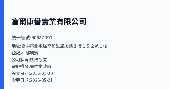 富爾康譽實業有限公司的照片-統編 50987093(臺中市) 公司登記資料與營業項目詳細圖表