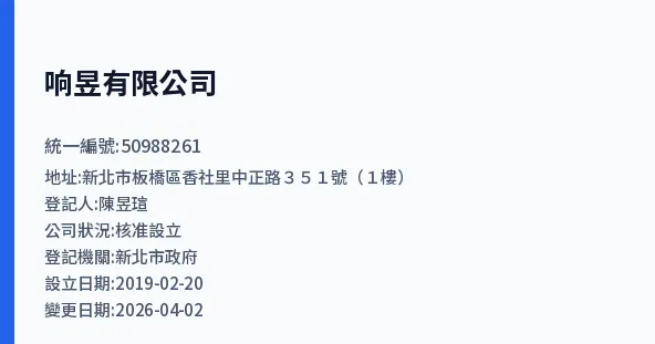 响昱有限公司的照片-統編 50988261(新北市) 公司登記資料與營業項目詳細圖表