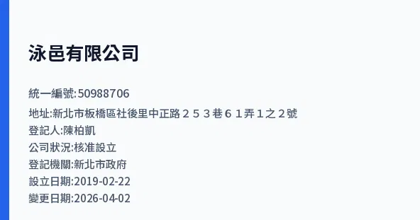 泳邑有限公司的照片-統編 50988706(新北市) 公司登記資料與營業項目詳細圖表