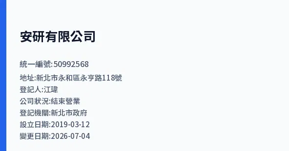 安研有限公司的照片-統編 50992568(新北市) 公司登記資料與營業項目詳細圖表