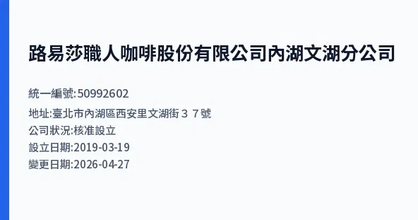 路易莎職人咖啡股份有限公司內湖文湖分公司的照片-統編 50992602(臺北市) 公司登記資料與營業項目詳細圖表