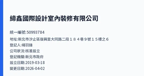 締鑫國際設計室內裝修有限公司的照片-統編 50993784(新北市) 公司登記資料與營業項目詳細圖表