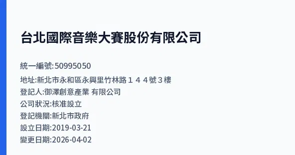 台北國際音樂大賽股份有限公司的照片-統編 50995050(新北市) 公司登記資料與營業項目詳細圖表