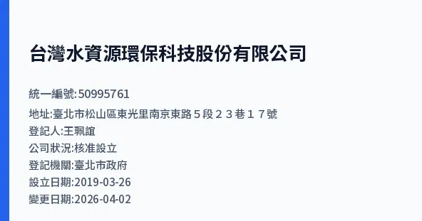 台灣水資源環保科技股份有限公司的照片-統編 50995761(臺北市) 公司登記資料與營業項目詳細圖表