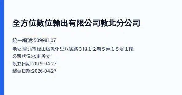 全方位數位輸出有限公司敦北分公司的照片-統編 50998107(臺北市) 公司登記資料與營業項目詳細圖表