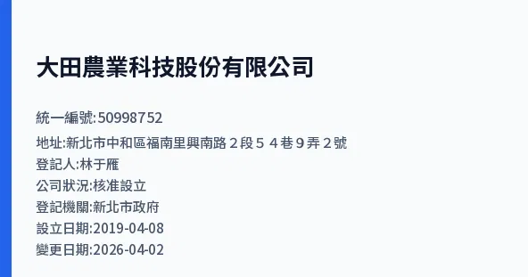 大田農業科技股份有限公司的照片-統編 50998752(新北市) 公司登記資料與營業項目詳細圖表