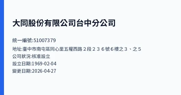 大同股份有限公司台中分公司的照片-統編 51007379(臺中市) 公司登記資料與營業項目詳細圖表