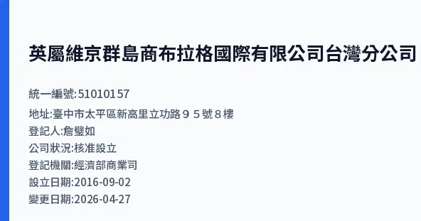 英屬維京群島商布拉格國際有限公司台灣分公司的照片-統編 51010157(臺中市) 公司登記資料與營業項目詳細圖表