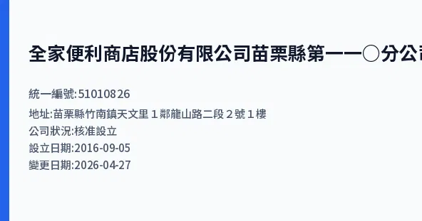 全家便利商店股份有限公司苗栗縣第一一○分公司的照片-統編 51010826(苗栗縣) 公司登記資料與營業項目詳細圖表