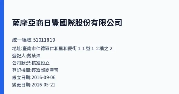 薩摩亞商日豐國際股份有限公司的照片-統編 51011819(臺南市) 公司登記資料與營業項目詳細圖表
