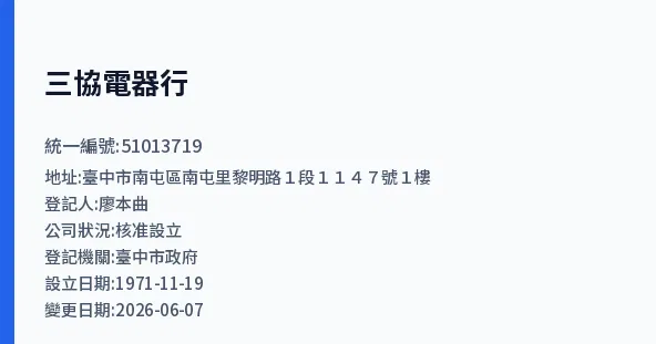 三協電器行的照片-統編 51013719(臺中市) 公司登記資料與營業項目詳細圖表