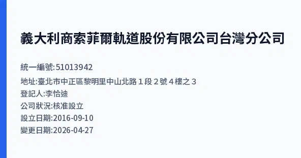 義大利商索菲爾軌道股份有限公司台灣分公司的照片-統編 51013942(臺北市) 公司登記資料與營業項目詳細圖表