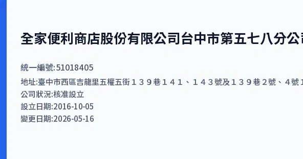 全家便利商店股份有限公司台中市第五七八分公司的照片-統編 51018405(臺中市) 公司登記資料與營業項目詳細圖表