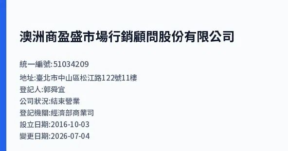 澳洲商盈盛市場行銷顧問股份有限公司的照片-統編 51034209(臺北市) 公司登記資料與營業項目詳細圖表