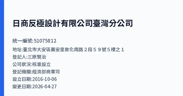 日商反極設計有限公司臺灣分公司的照片-統編 51075812(臺北市) 公司登記資料與營業項目詳細圖表