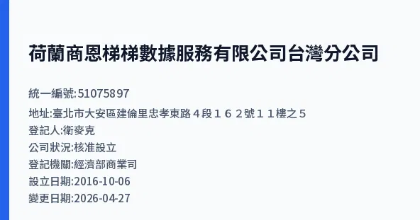 荷蘭商恩梯梯數據服務有限公司台灣分公司的照片-統編 51075897(臺北市) 公司登記資料與營業項目詳細圖表