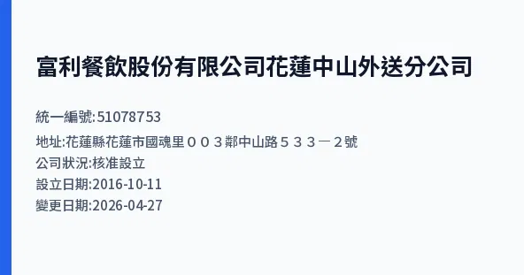 富利餐飲股份有限公司花蓮中山外送分公司的照片-統編 51078753(花蓮縣) 公司登記資料與營業項目詳細圖表
