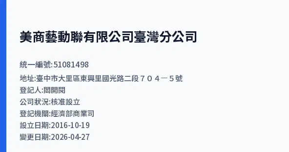 美商藝動聯有限公司臺灣分公司的照片-統編 51081498(臺中市) 公司登記資料與營業項目詳細圖表