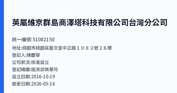 英屬維京群島商澤塔科技有限公司台灣分公司的照片-統編 51082150(桃園市) 公司登記資料與營業項目詳細圖表