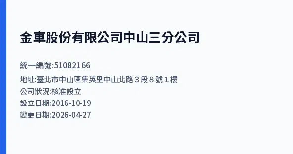 金車股份有限公司中山三分公司的照片-統編 51082166(臺北市) 公司登記資料與營業項目詳細圖表