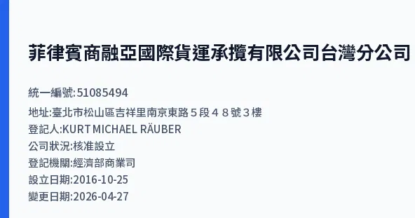 菲律賓商融亞國際貨運承攬有限公司台灣分公司的照片-統編 51085494(臺北市) 公司登記資料與營業項目詳細圖表