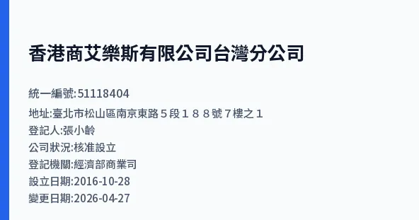香港商艾樂斯有限公司台灣分公司的照片-統編 51118404(臺北市) 公司登記資料與營業項目詳細圖表