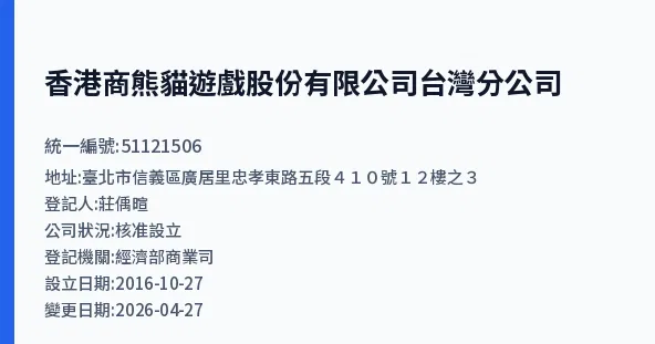 香港商熊貓遊戲股份有限公司台灣分公司的照片-統編 51121506(臺北市) 公司登記資料與營業項目詳細圖表