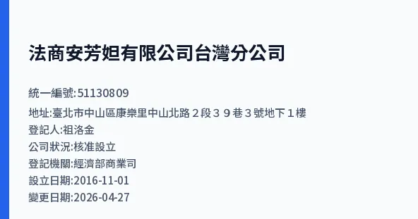 法商安芳妲有限公司台灣分公司的照片-統編 51130809(臺北市) 公司登記資料與營業項目詳細圖表