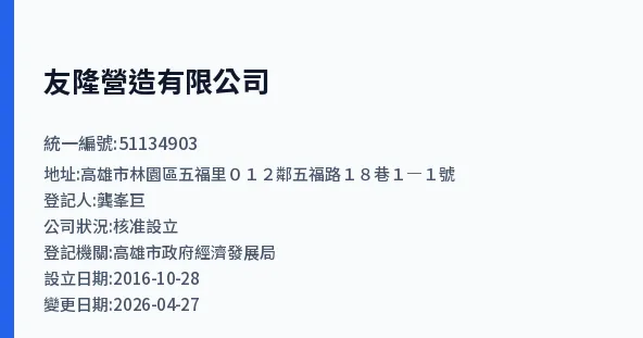 友隆營造有限公司的照片-統編 51134903(高雄市) 公司登記資料與營業項目詳細圖表