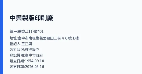 中興製版印刷廠的照片-統編 51148701(臺中市) 公司登記資料與營業項目詳細圖表