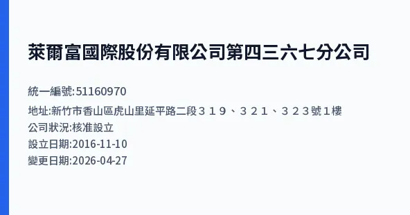 萊爾富國際股份有限公司第四三六七分公司的照片-統編 51160970(新竹市) 公司登記資料與營業項目詳細圖表